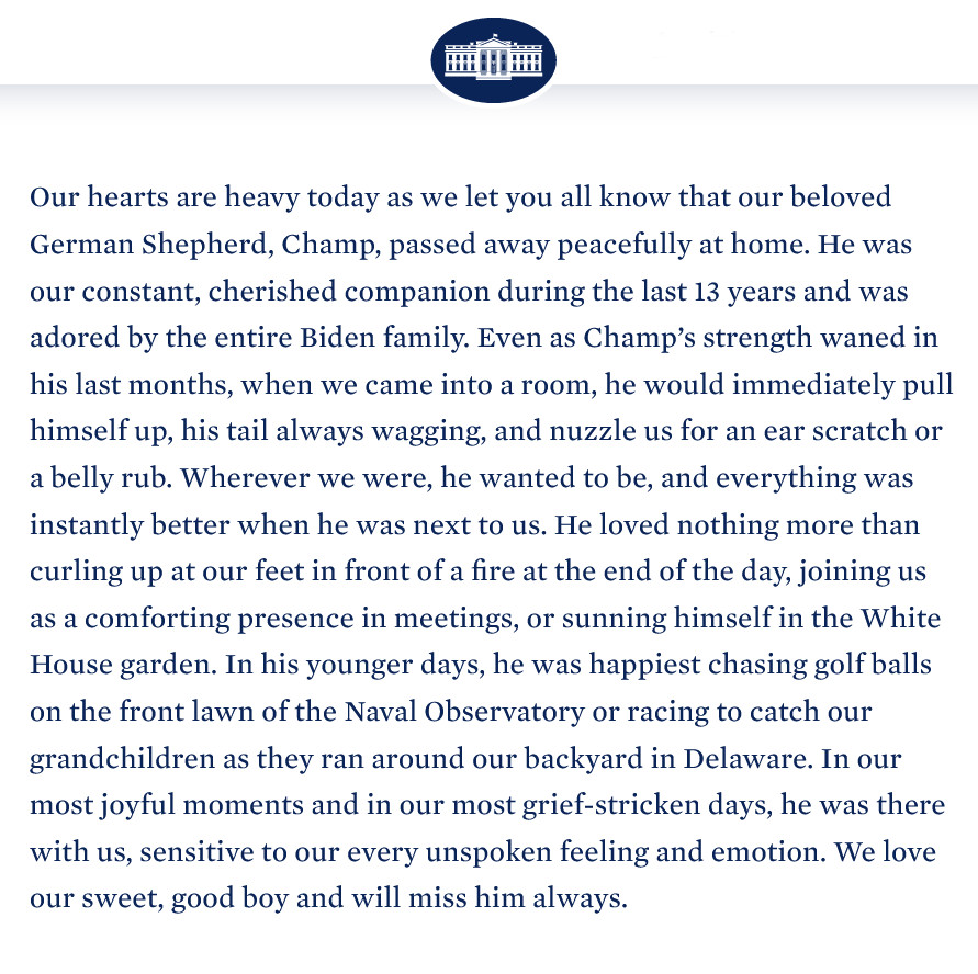Bidens announce death of 'beloved' German Shepherd Champ