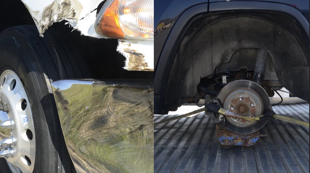 Transport truck damaged by fallen wheel on QEW