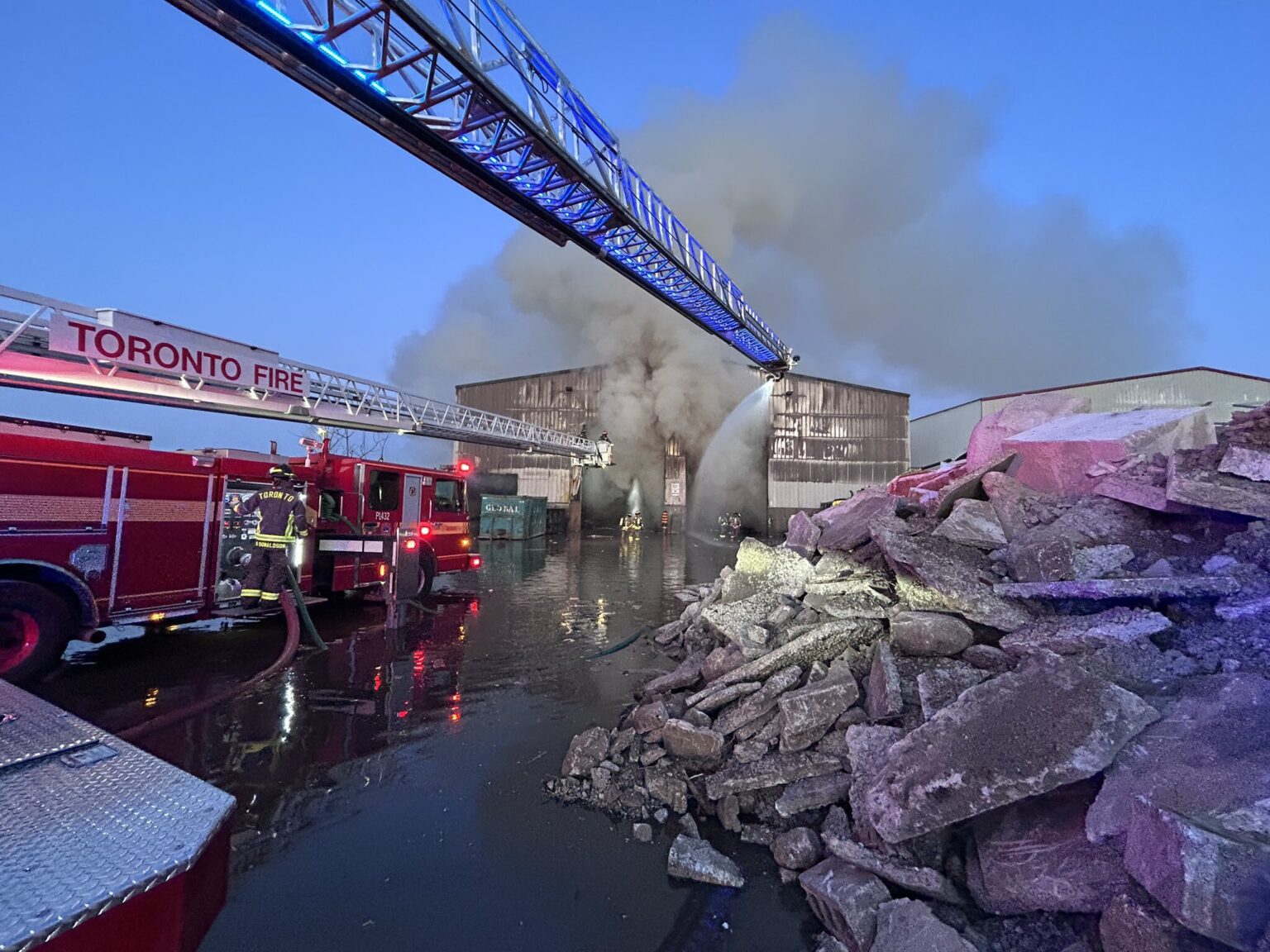 80 firefighters battle 3-alarm industrial fire in Etobicoke